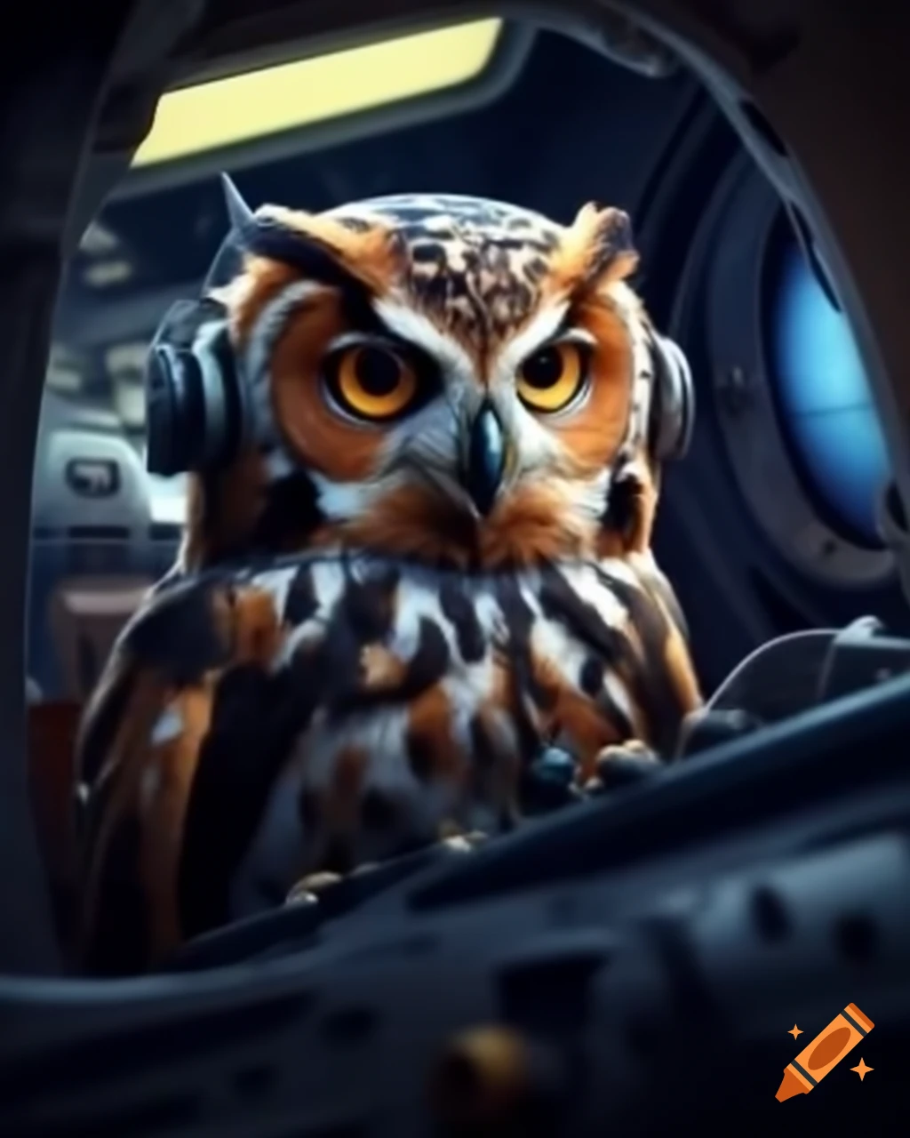 Owl sitting in fighter jet cockpit on Craiyon