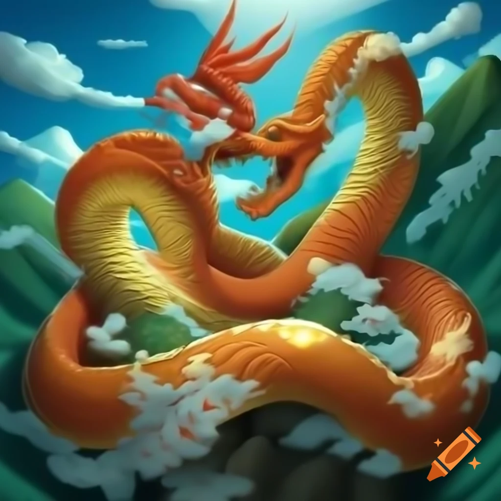 Stylized dragon-snake creature in japanese art style against blue sky ...
