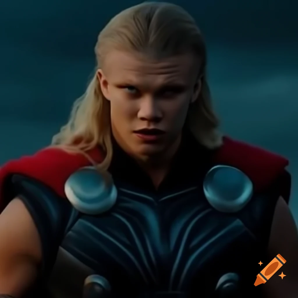 Erling haaland depicted as thor from avengers on Craiyon