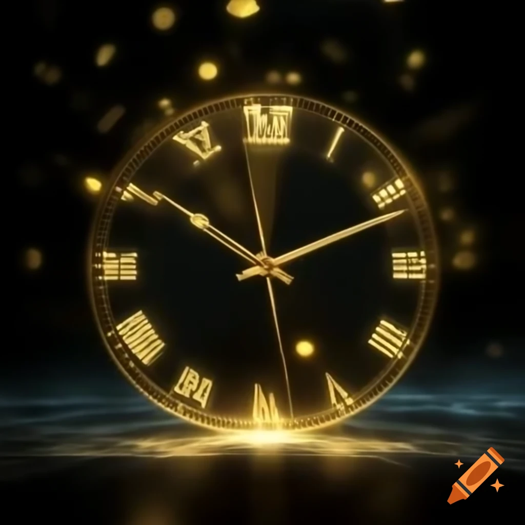 Golden clock without numbers glowing in ethereal atmosphere on Craiyon