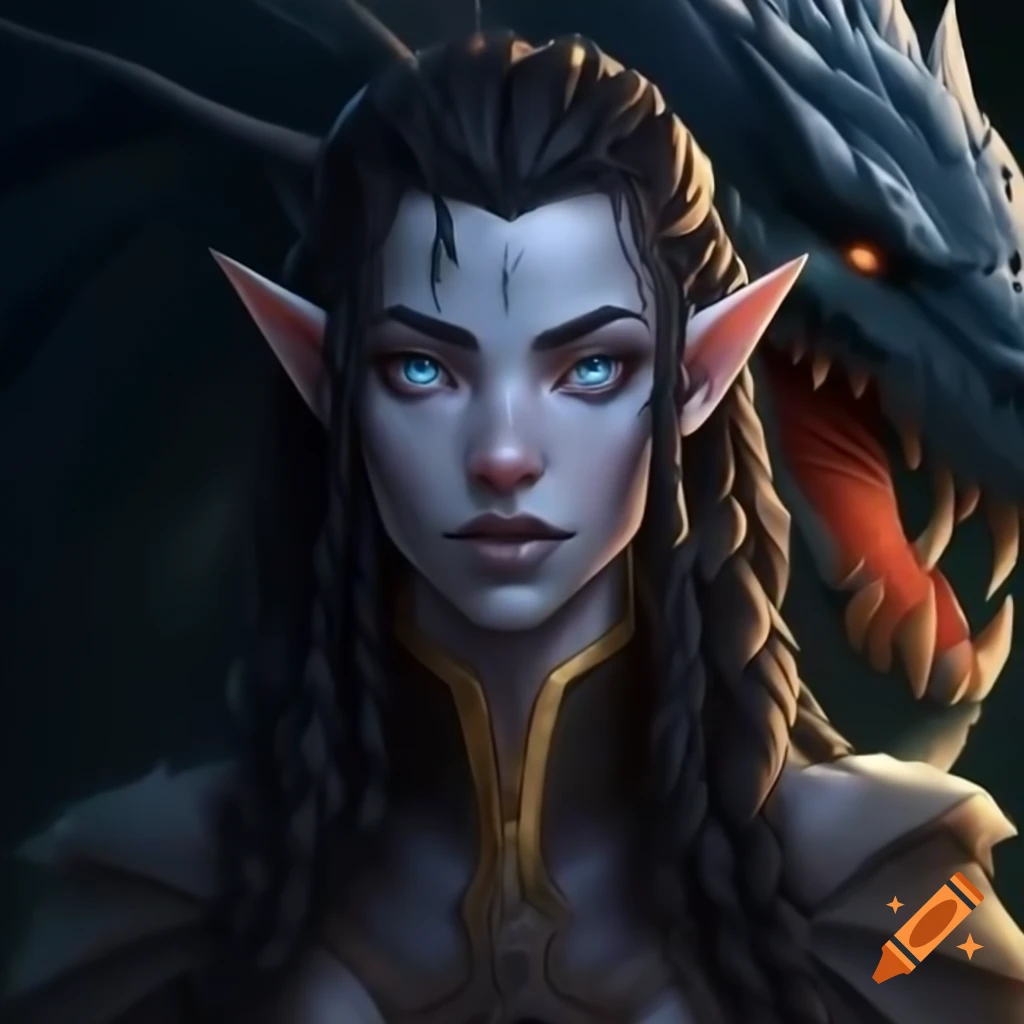 Evil female elf with gray skin, black hair, and striking blue eyes with ...