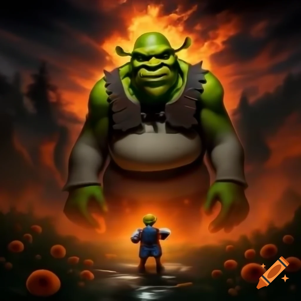 Epic clash between Shrek and Mario in dark fiery Mordor landscape on ...