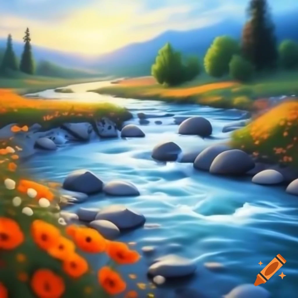 Rapid river flowing through vibrant landscape with colorful riverbanks ...