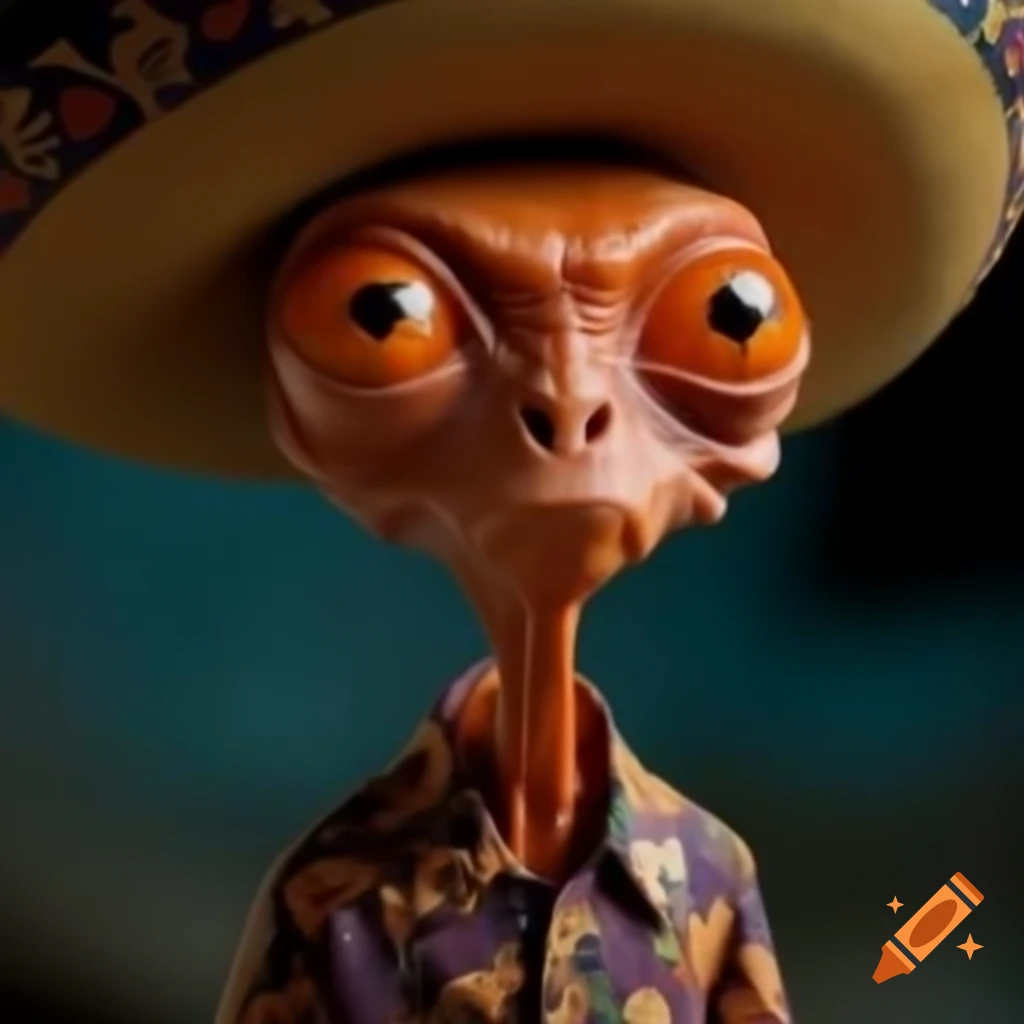 Cheeto orange alien in sombrero and floral shirt on Craiyon