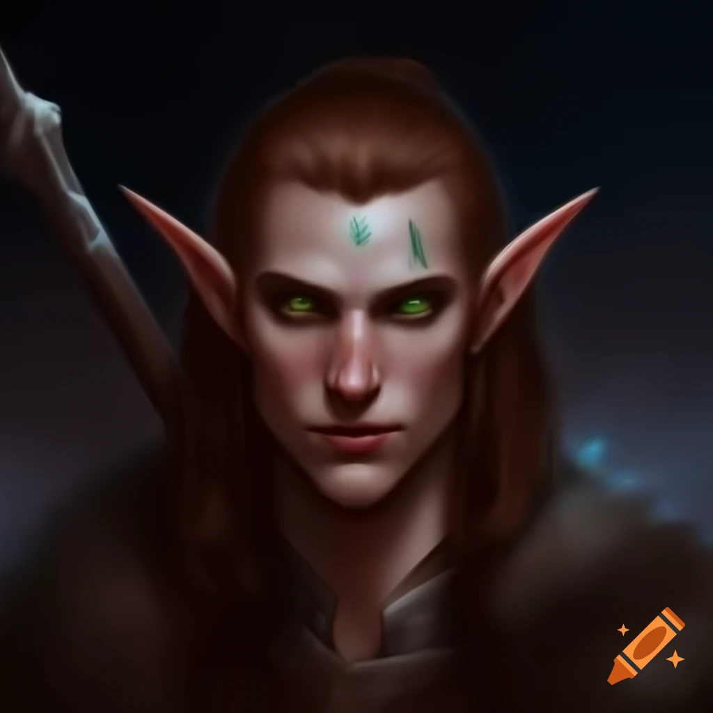 Evil male elf with brown hair in medieval fantasy digital art on Craiyon