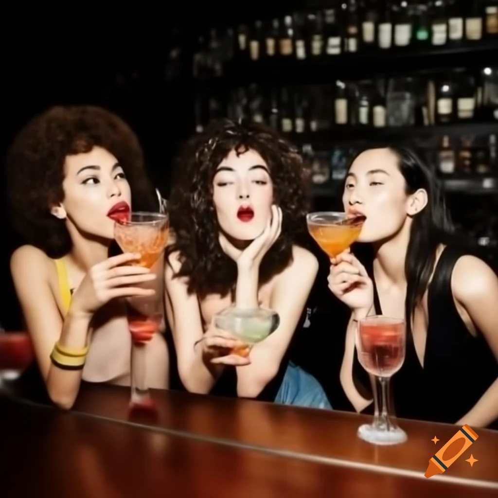 Three women enjoying cocktails in a bar, humorous scene on Craiyon