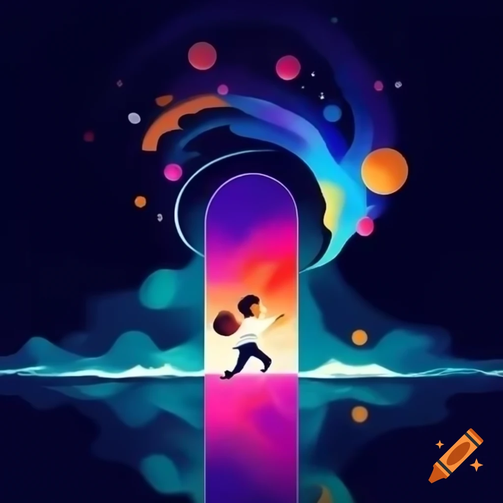 Minimal abstract illustration of boy jumping into colorful galaxy ...