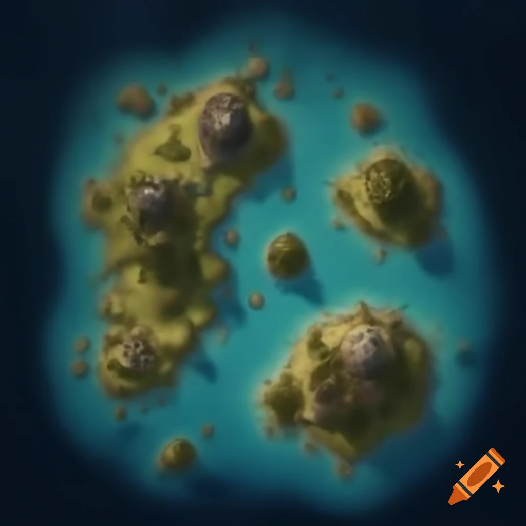 Detailed map of secluded archipelago with mystical buildings and rising ...