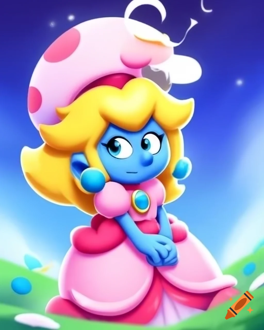 Princess Peach in Smurf form with blue skin and mushroom cap on Craiyon