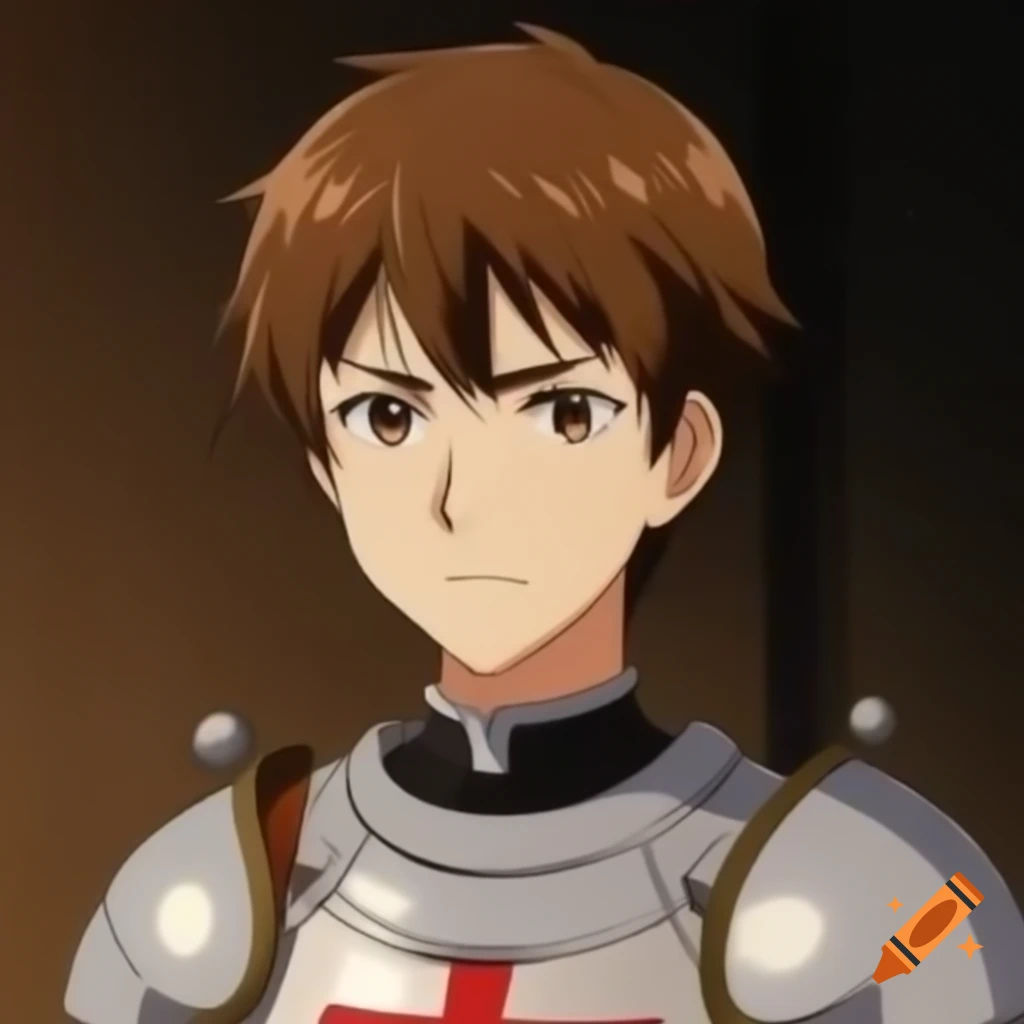 Anime young man with brown hair in holy crusader armor holding a cross ...