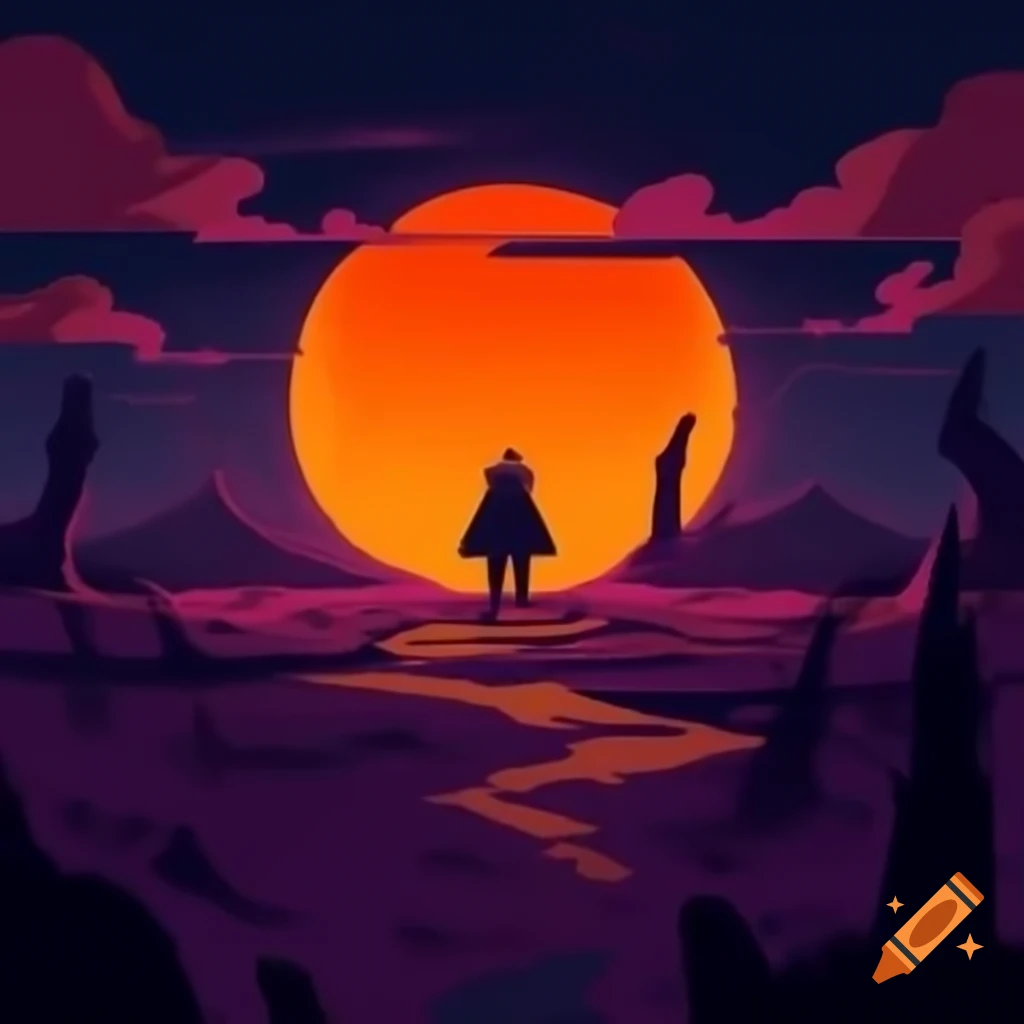 Pixelated 8-bit hooded figure silhouette in desert wasteland at sunset ...