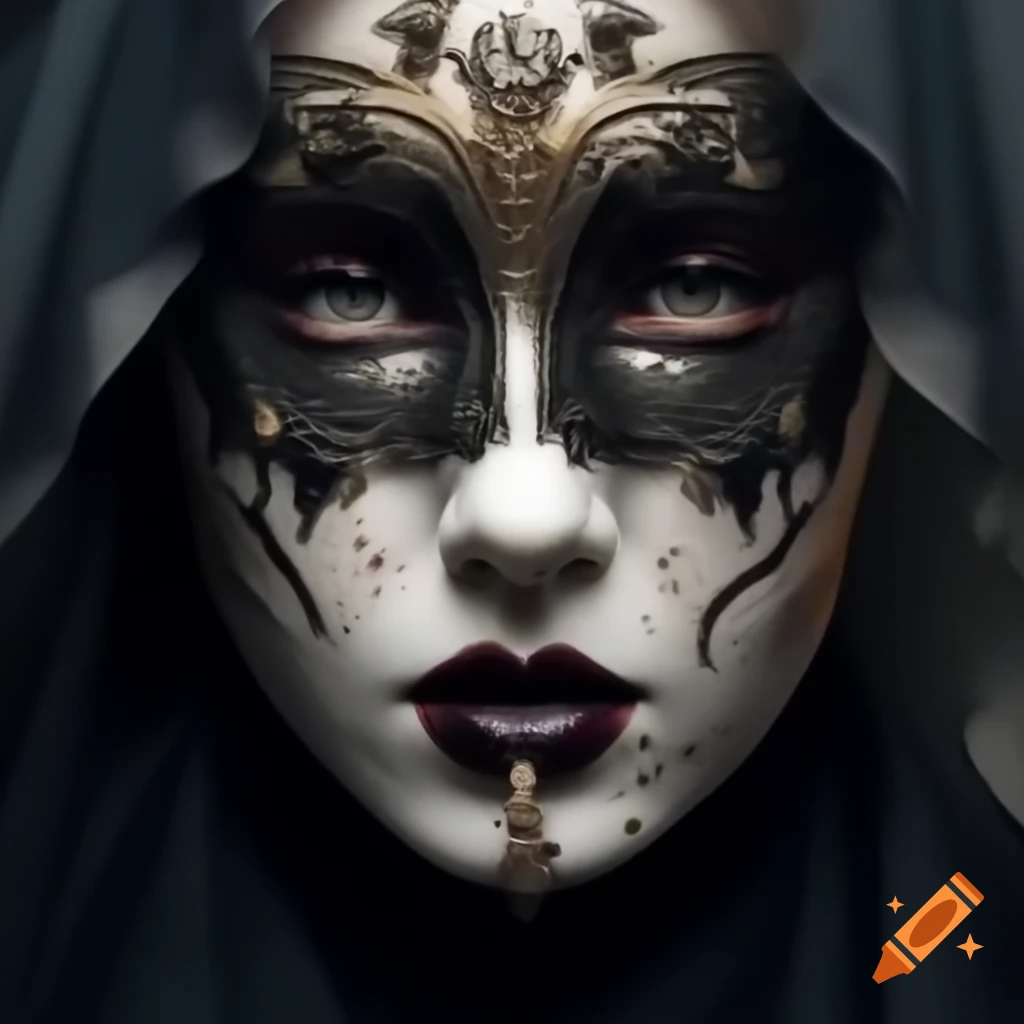 Lady dram in black veil and intricate venetian mask with feline eyes on ...