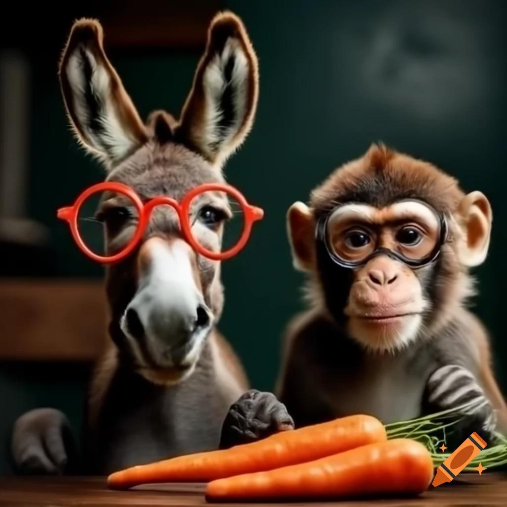Donkey and monkey in scientist glasses pondering thoughtfully on Craiyon