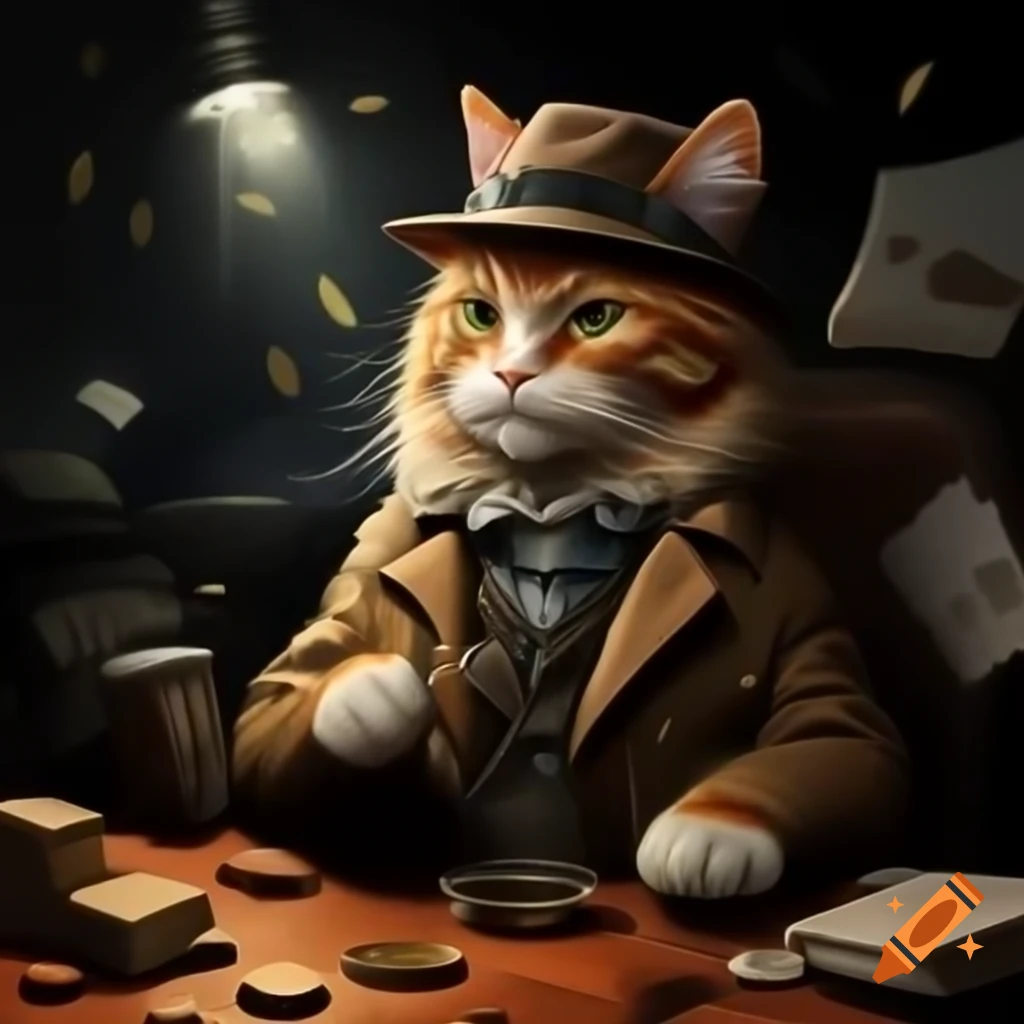 Ginger cat in detective trench coat and fedora holding magnifying glass ...