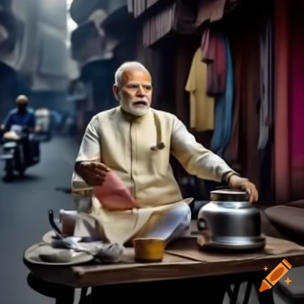 Narendra Modi as street vendor selling tea with kettle on Craiyon