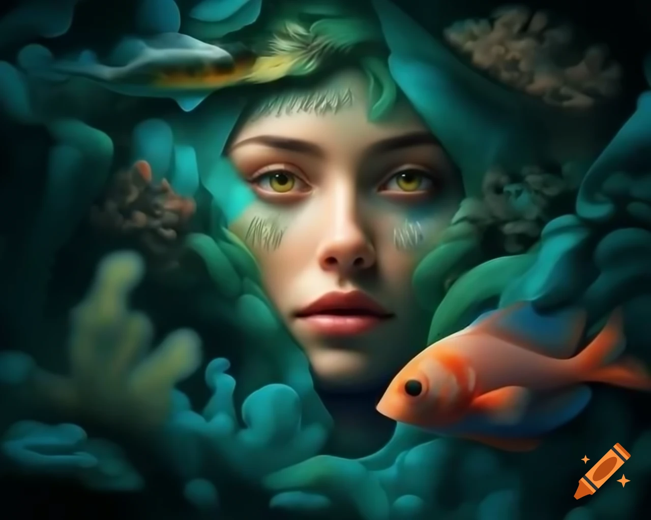 Hyper-realistic abstract art featuring fish and coral in extreme detail ...