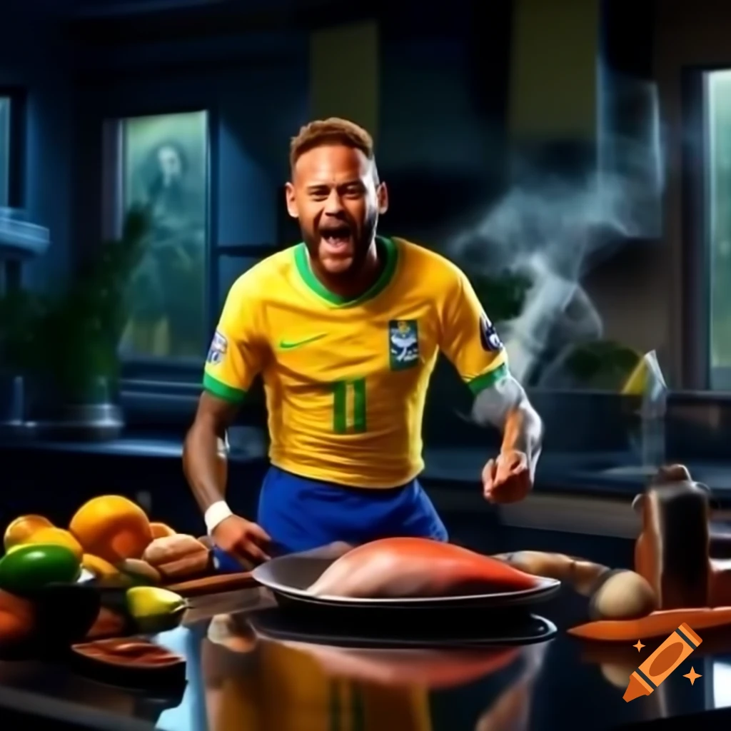 Professional football player in Brazilian jersey cooking fish in modern ...