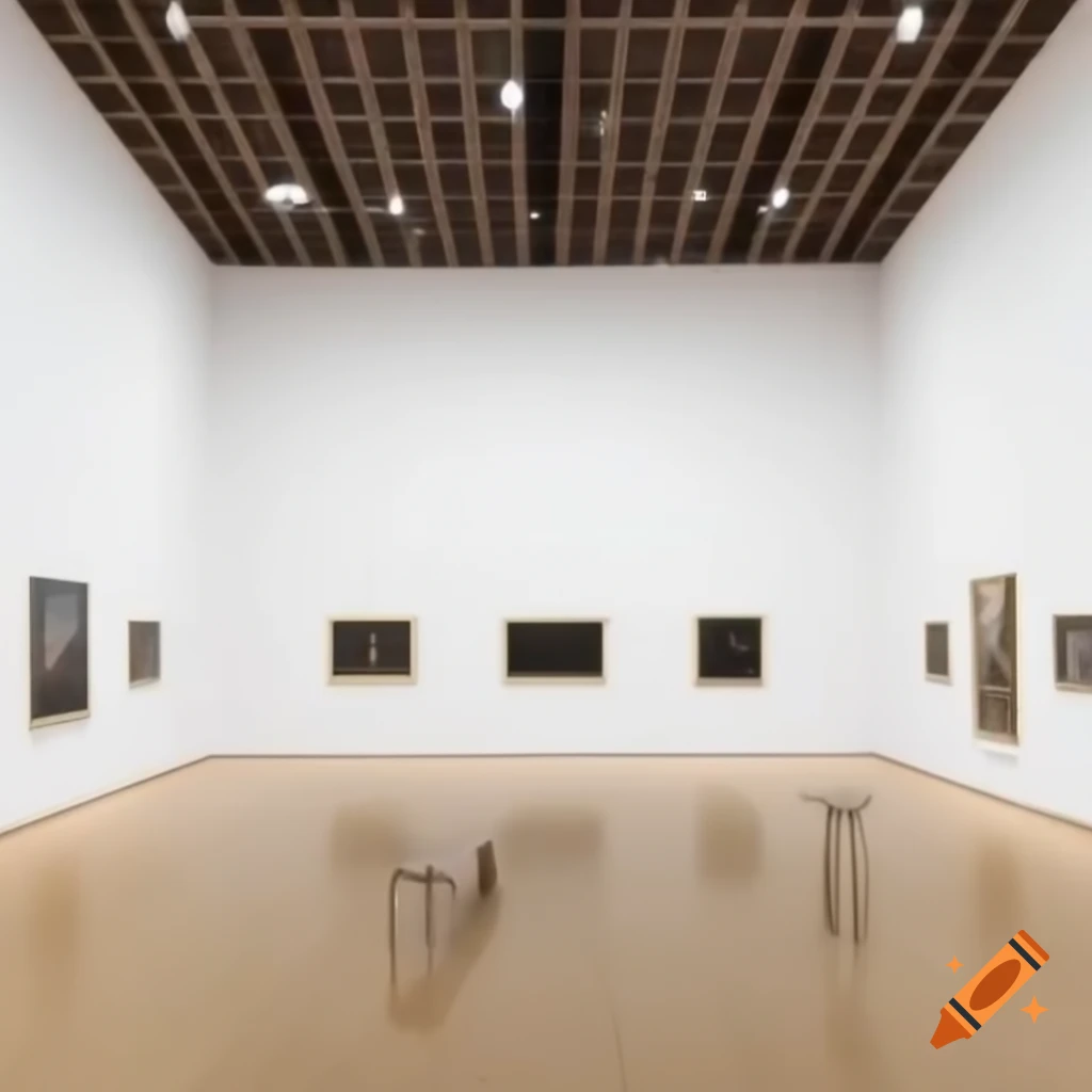 Modern museum room with high ceilings, white walls, wooden floor, and ...