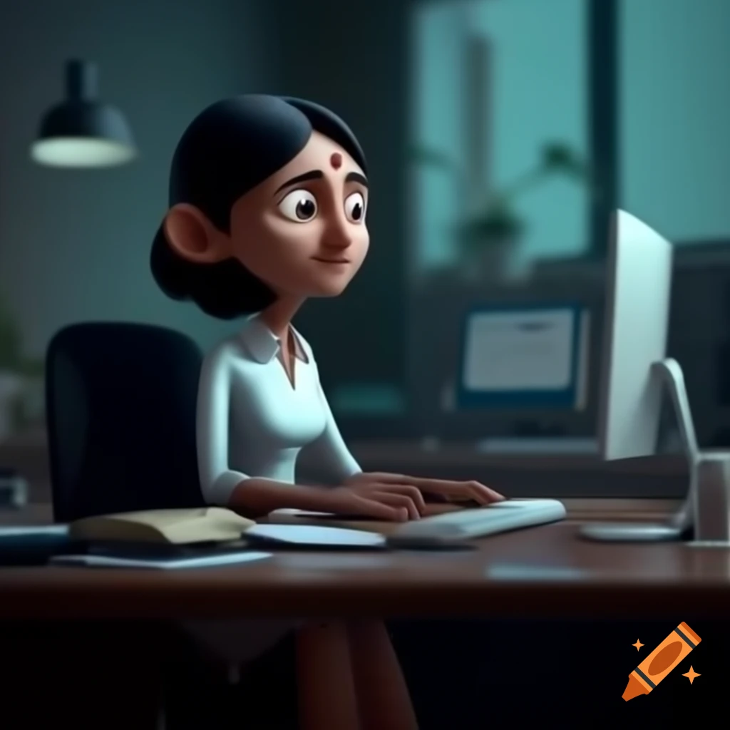 3D animated Indian woman at office desk, exploring emerging technologies on Craiyon