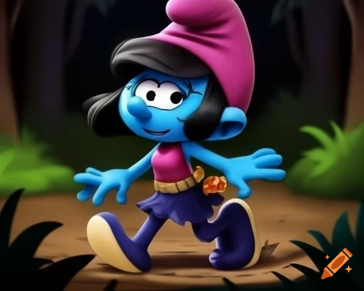 Female smurf with black hair and pink striped top running in a forest ...