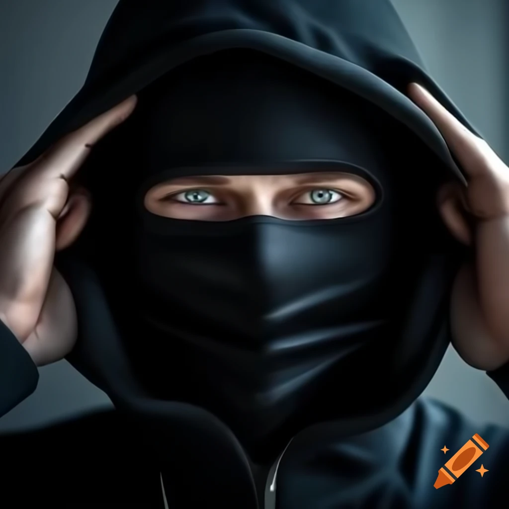 Hyper-realistic portrayal of a man in black ski mask with bright green ...