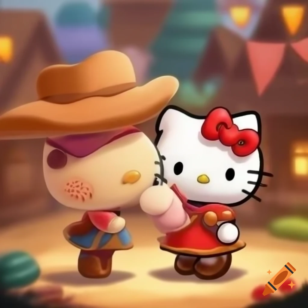Hello Kitty shares affectionate moment with charming cowboy on Craiyon