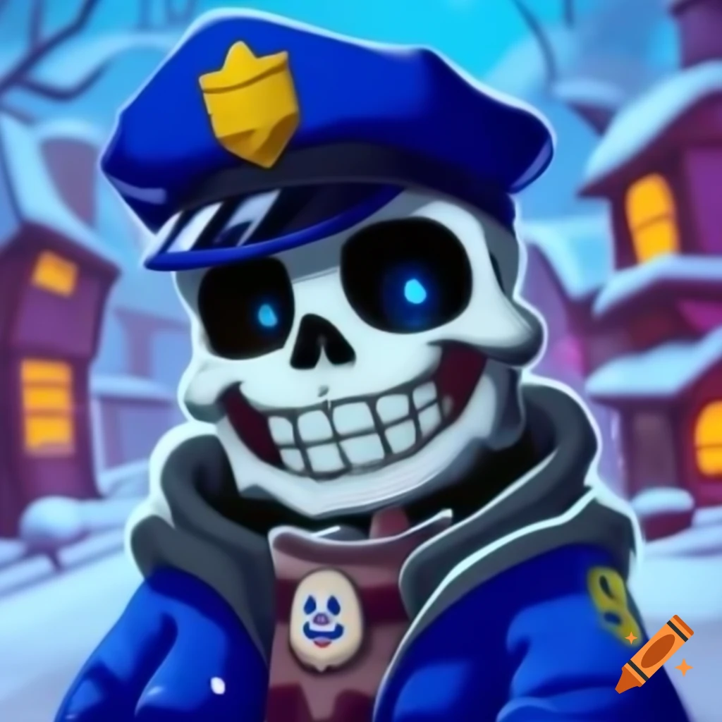 Cartoon skeleton with friendly grin, glowing blue eye, in blue jacket ...