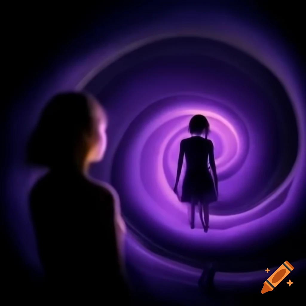 Young woman in purple glow with shadow vortex and faint parental ...