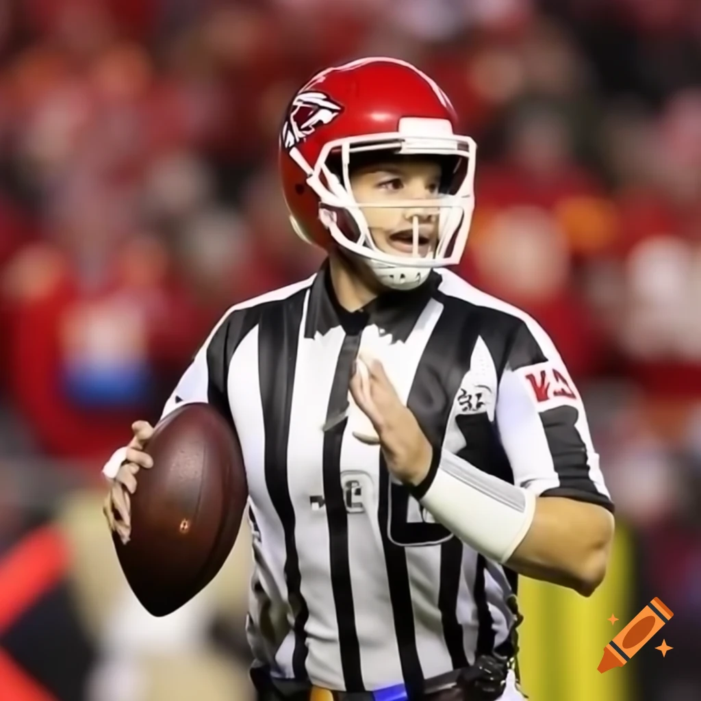 Quarterback in kansas city chiefs helmet and referee uniform holding ...
