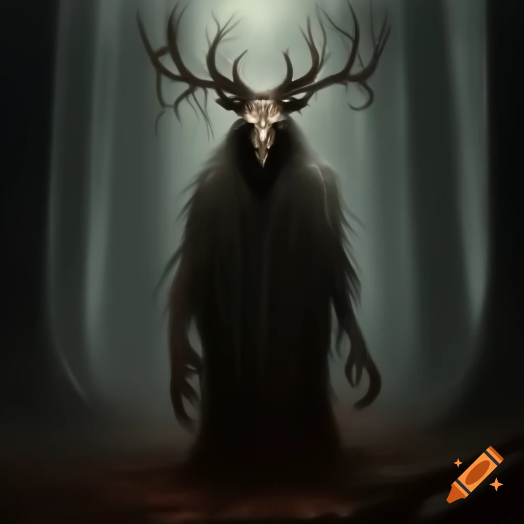 Demonic humanoid creature with deer antlers in foggy forest, wendigo ...