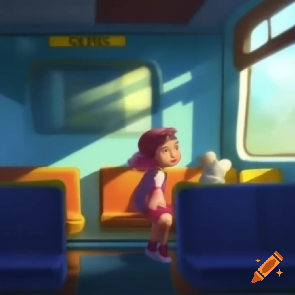 Lily boarding a blue train with colorful cushions and a rabbit ...