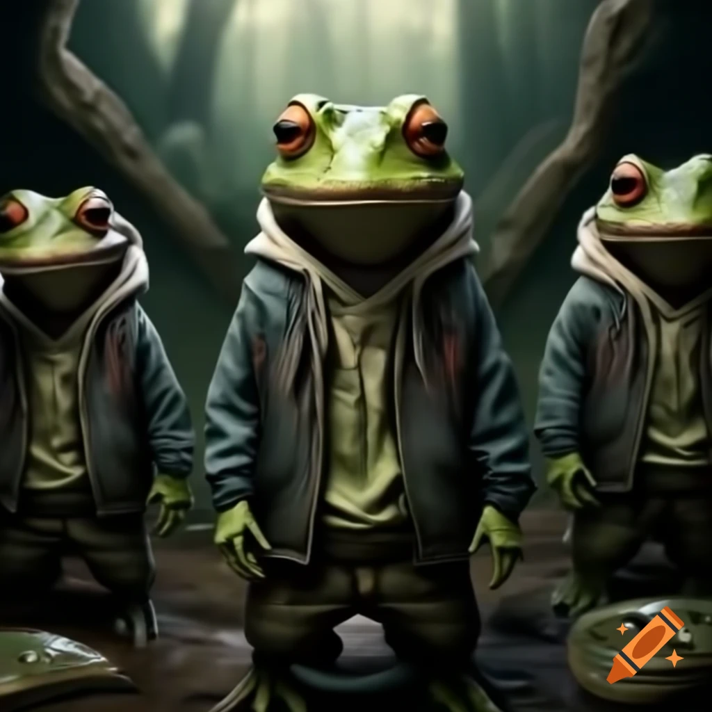 Four streetwear frogs with human features around crocodile statue in ...