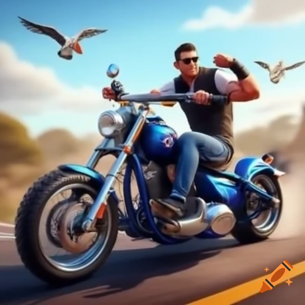 Muscular blue goose in black vest riding chopper motorcycle on highway ...