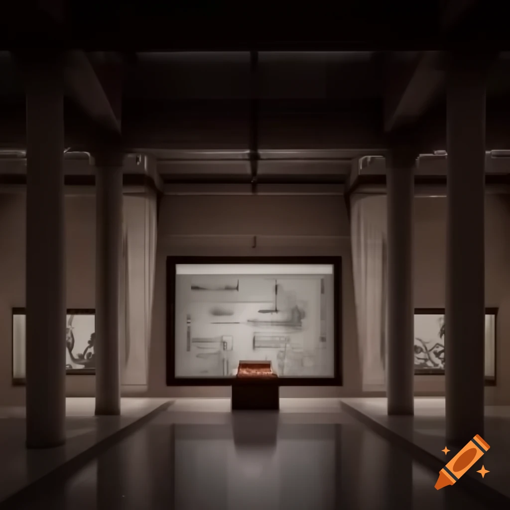 Line art storyboard of grand museum exterior and spacious exhibition ...