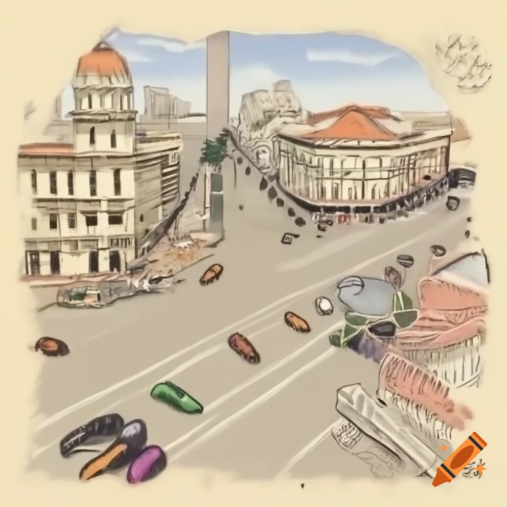 Hand-drawn perspective sketch of a crossroads featuring seven thematic ...