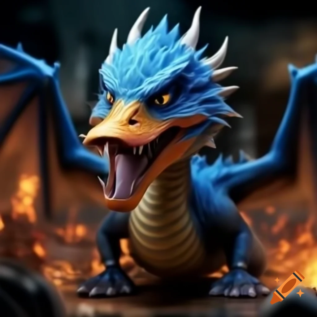 Duck dragon breathing blue flames in a war zone setting on Craiyon