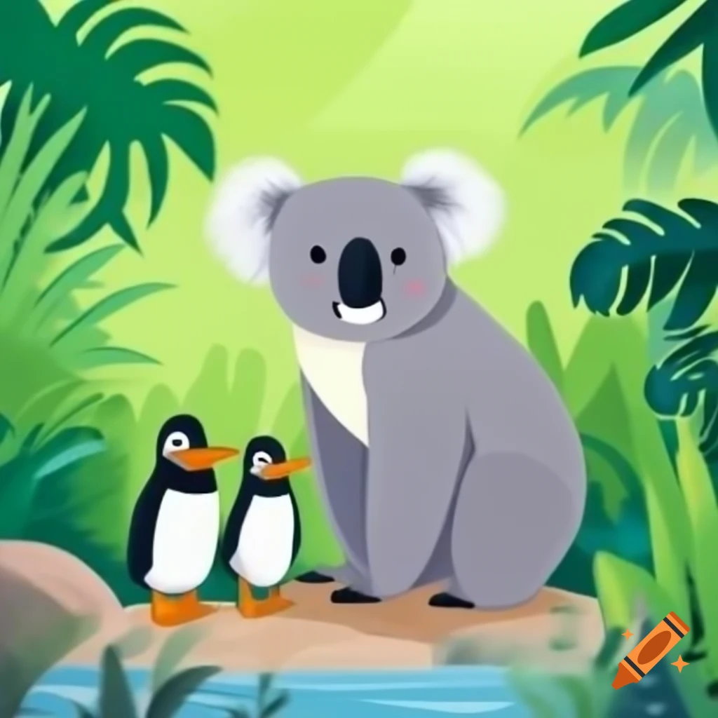 Cartoon art of koala bear and penguin in the jungle on Craiyon