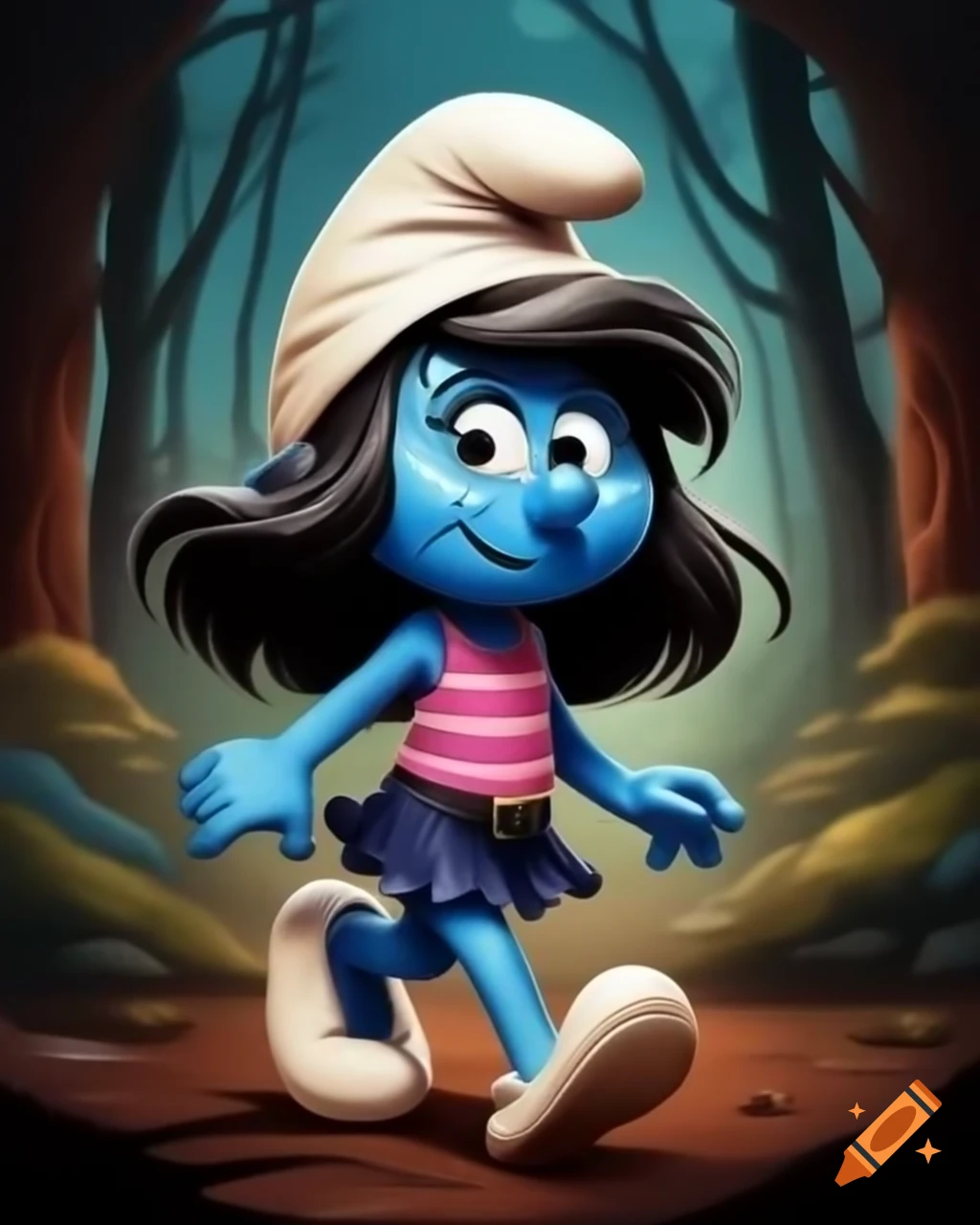 Female Smurf in dark attire running through forest on Craiyon