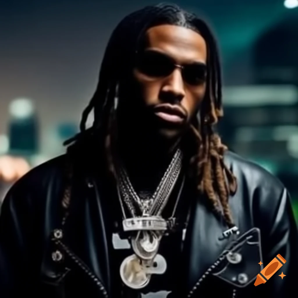 Rapper with bronzed dreadlocks wearing a black leather jacket on Craiyon