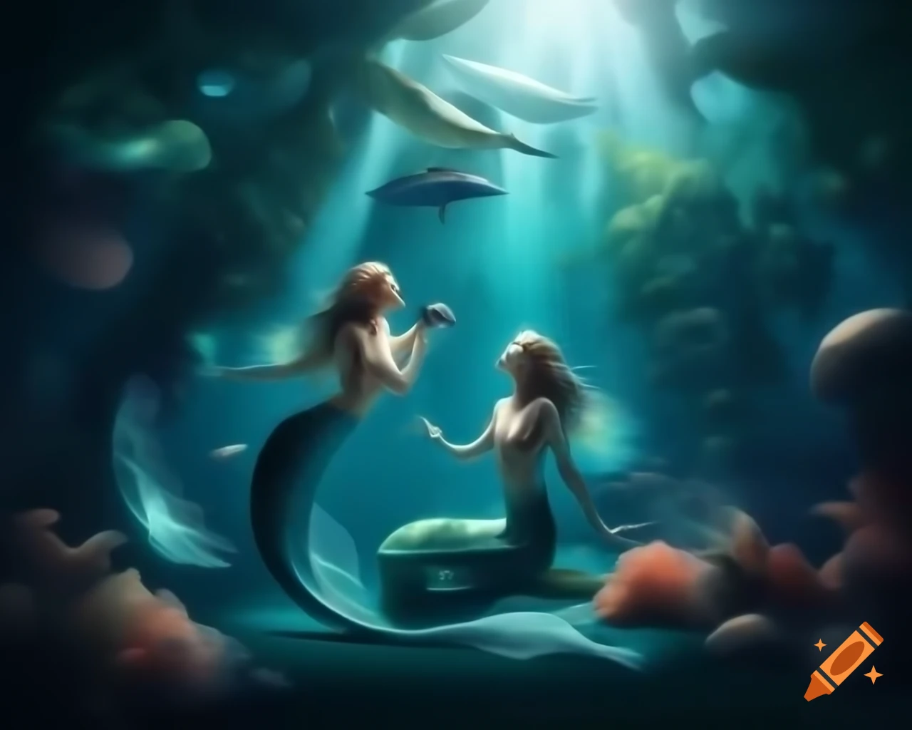 Abstract and surreal art featuring hyper-realistic fish and coral on ...