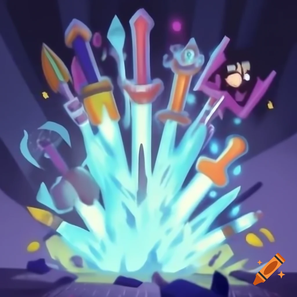 Cursed weapons with evil aura in colorful armory, oatmeal art style ...