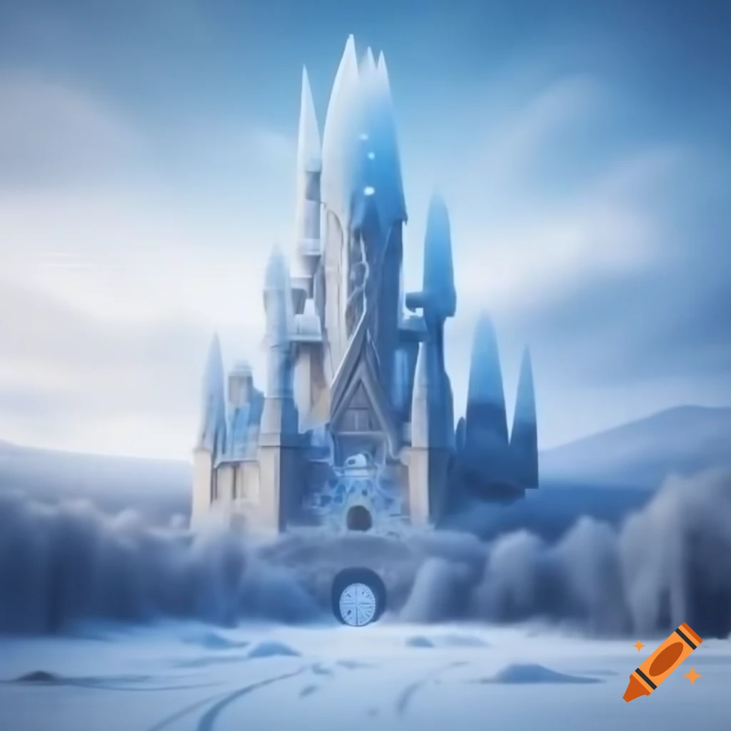 Majestic frost giant resort castle with crystal spires over frozen lake ...