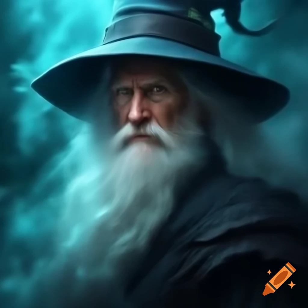 Powerful wizard portrait with magical turquoise fog on Craiyon