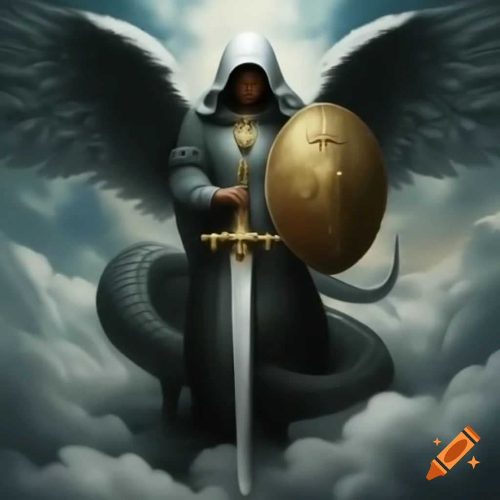 Hooded angel with golden shield and sword alongside black dragon in ...