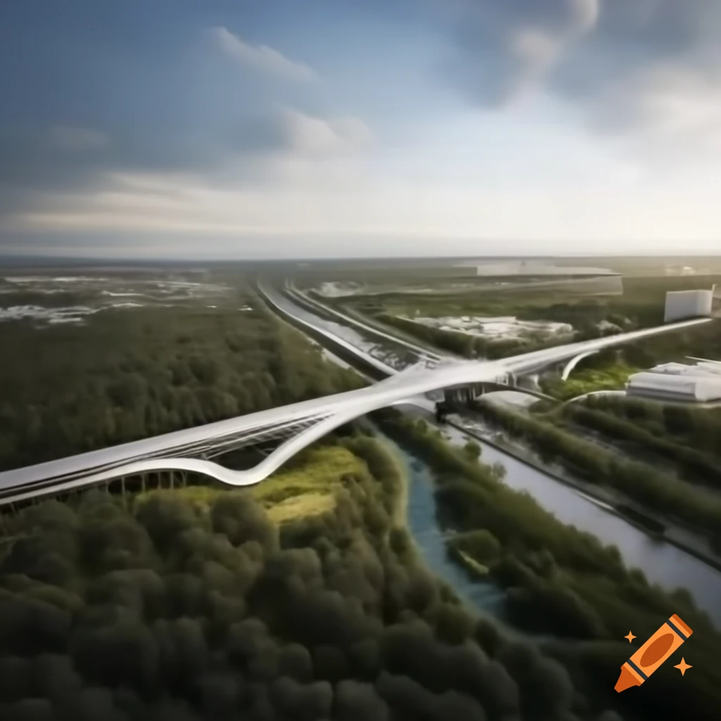 Futuristic elevated rail system arching across landscape in Berlin on ...