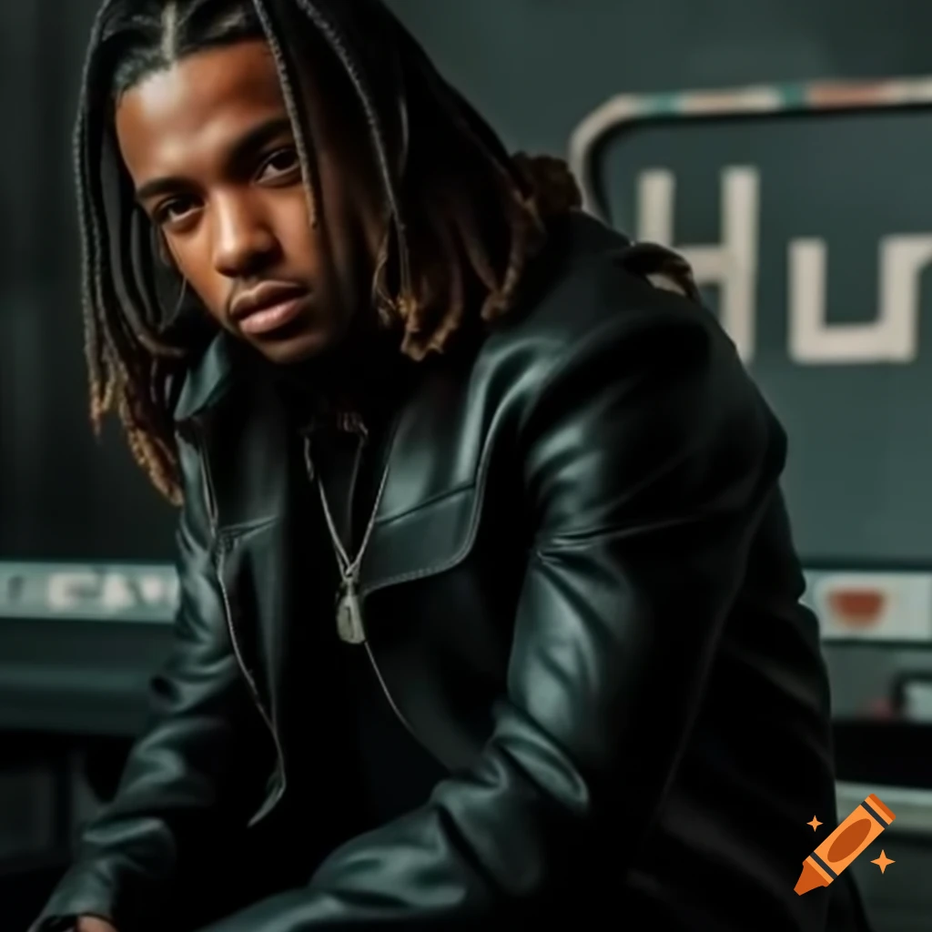 Rapper with bronzed dreadlocks wearing a black leather jacket on Craiyon