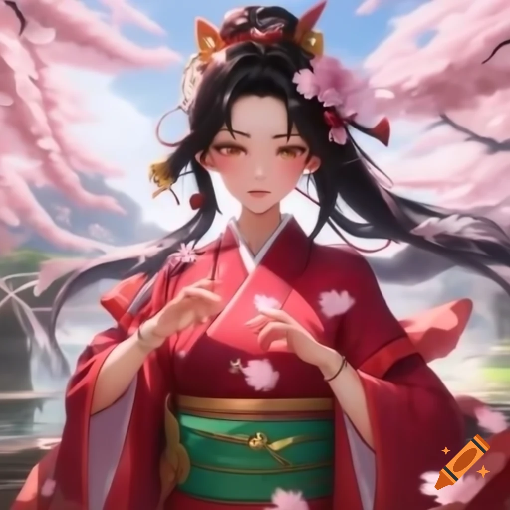 Anime maiden in crimson kimono amidst cherry blossoms in tranquil ...