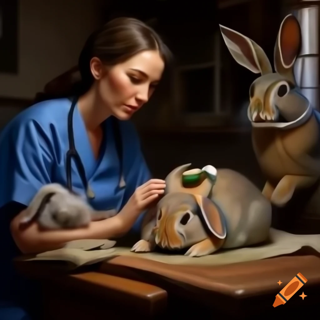 Veterinarian treating injured baby rabbit on examination table on Craiyon