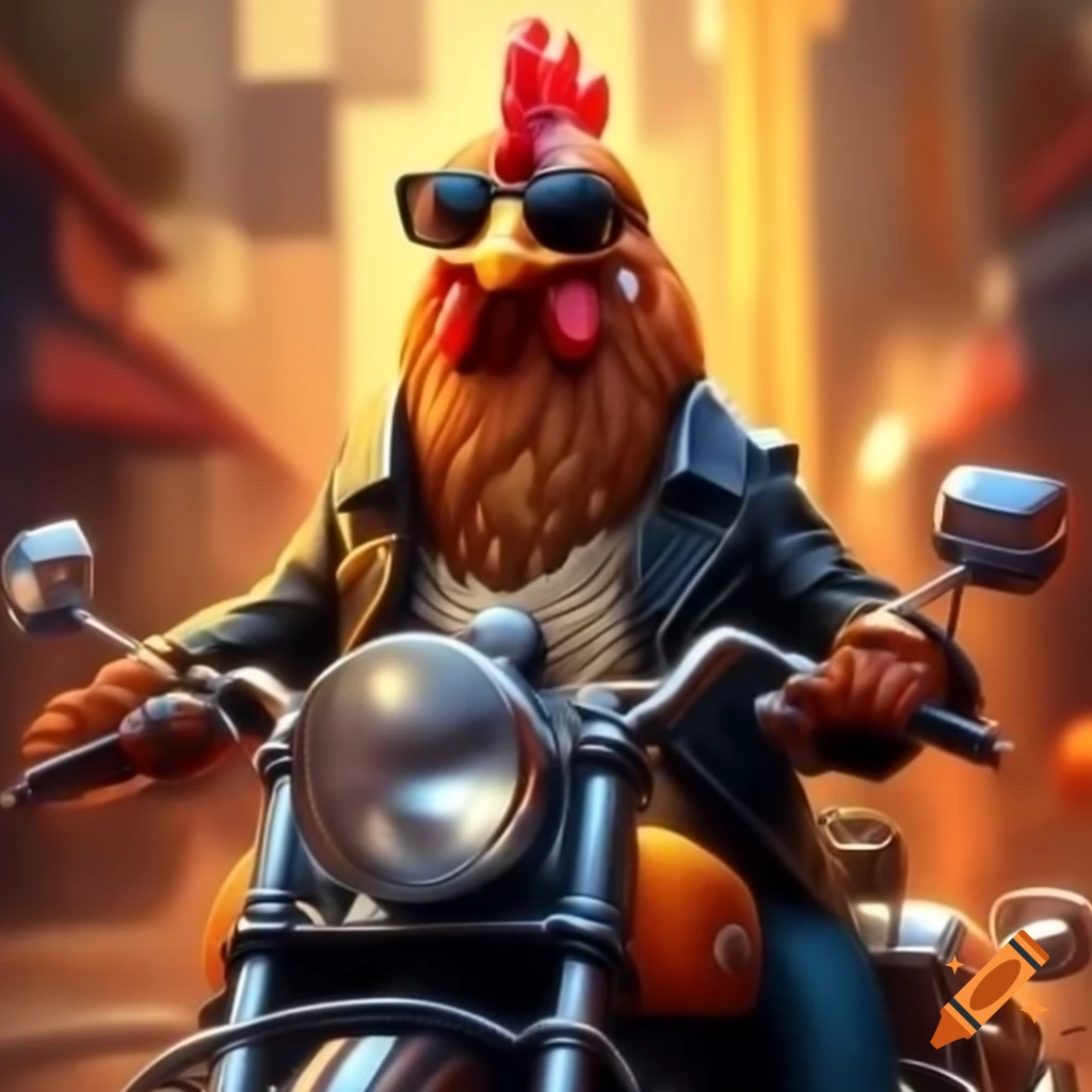 Funny chicken hen riding motorcycle in leather jacket and sunglasses on ...