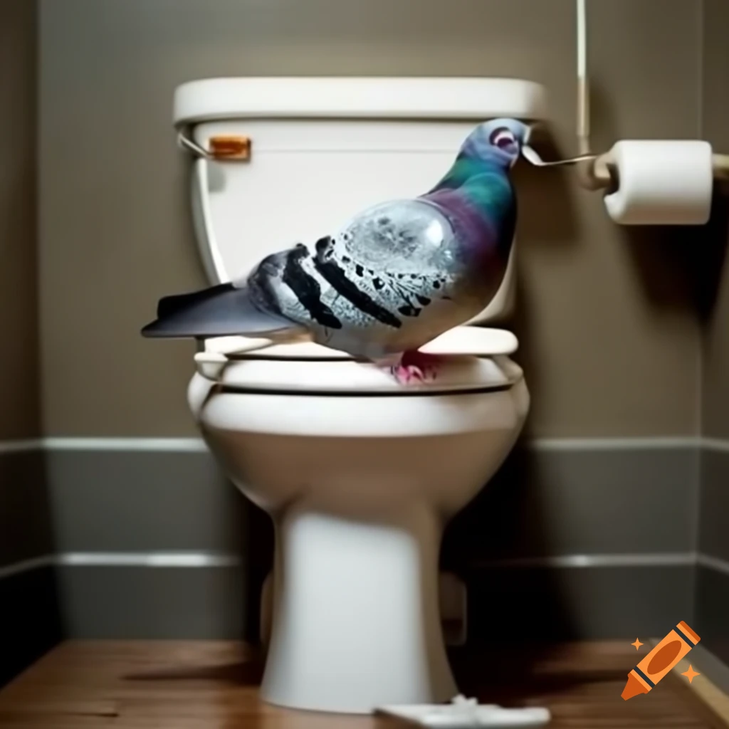 Pigeon on toilet with human legs in humorous setting on Craiyon